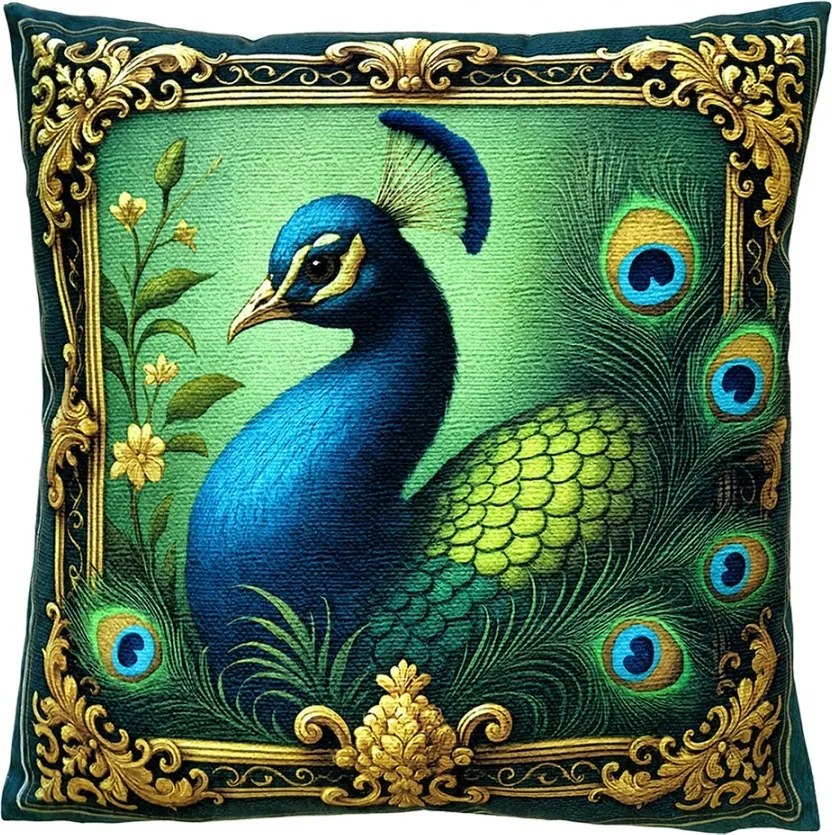 Dekorační polštář s motivem páva ve zlatém rámu - 45*45*4 cm