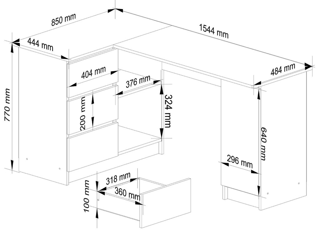 Rohový psací stůl B20 155 cm bílý/dub sonoma levý