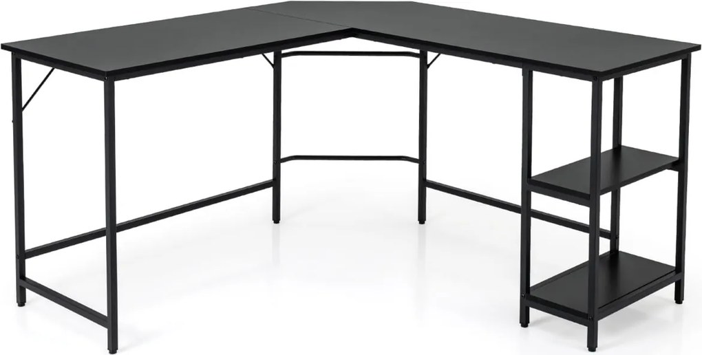 Costway Psací stůl ve tvaru L domácí se 2 policemi – 138 × 60 × 75 cm, přírodní
