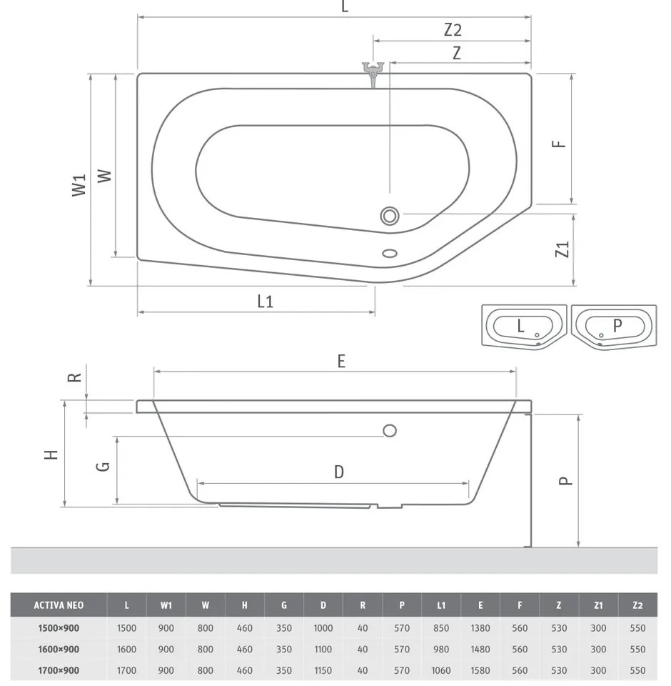 Roth Asymetrická akrylátová vana ACTIVA NEO Varianta: rozměry: 170x90 cm, orientace: Pravá - (ACTIVA NEO 170 P - 9890000)