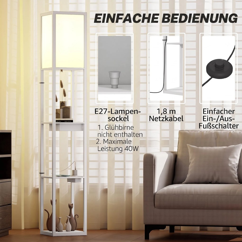 HOMCOM Stojací lampa s 3stupňovou policí, nožní spínač, USB porty, MDF, bílá