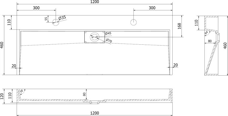 Mexen Ava, umyvadlo na desku z konglomerátu 2/O 120 x 46 cm, černá matná, 23011272