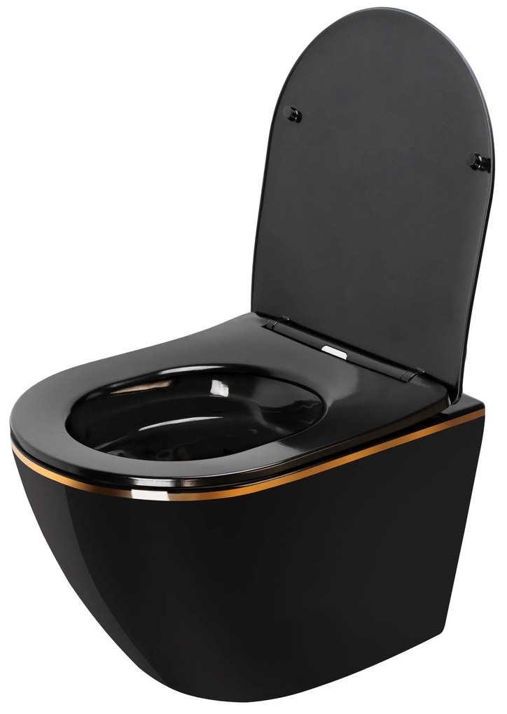Závěsná WC mísa se SoftClose sedátkem REA CARLO MINI FLAT, černá/zlatý lem