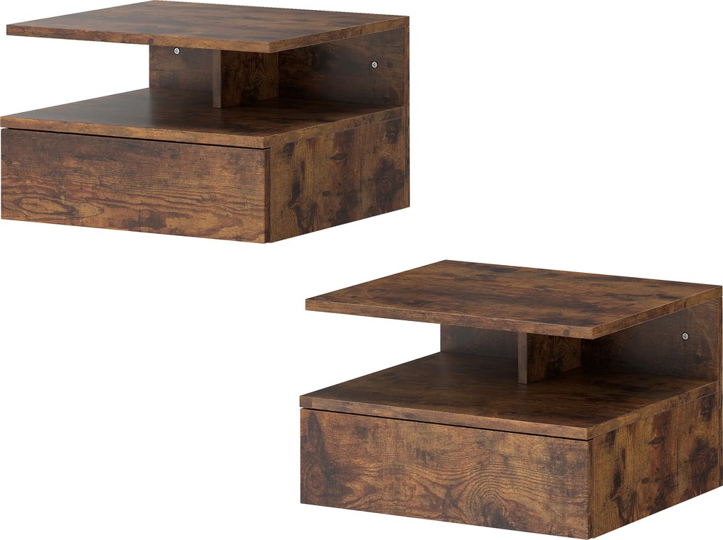 HOMCOM Sada 2 závěsných nočních stolků s šuplíkem, na montáž na stěnu 35x32x22,5 cm, rustikálně hnědá