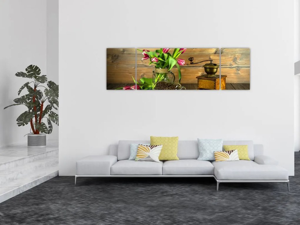 Obraz - tulipány, mlýnek a káva (170x50 cm)