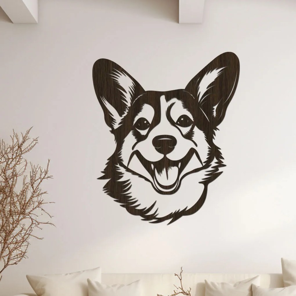 dřevo života Dřevěná dekorace na stěnu psa Corgi hlava Zvolte rozměr (cm): 50x60, Zvolte barvu dekoru: Wenge