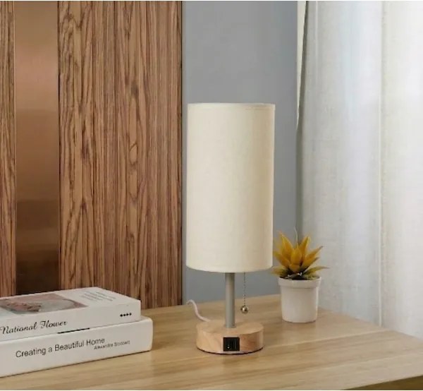 Brilagi - Stolní lampa s USB portem TABLON 1xE27/25W/230V dub/béžová/krémová