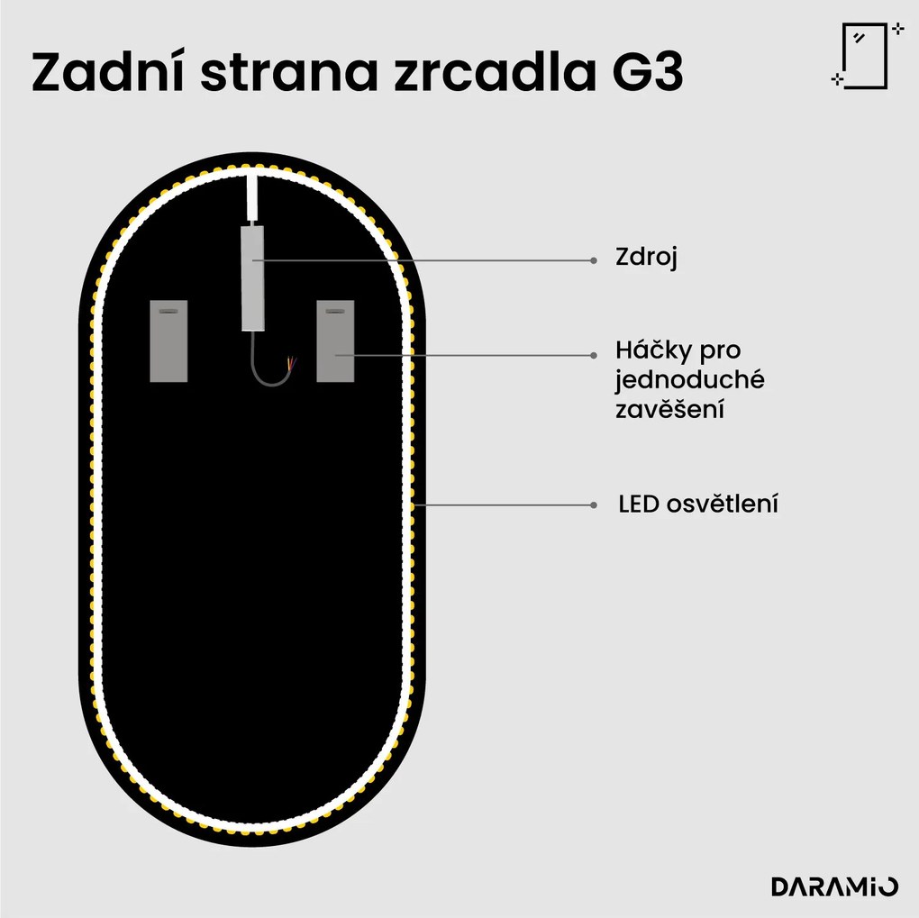 Podlouhlé zrcadlo do koupelny s oblými konci a LED osvětlením G3