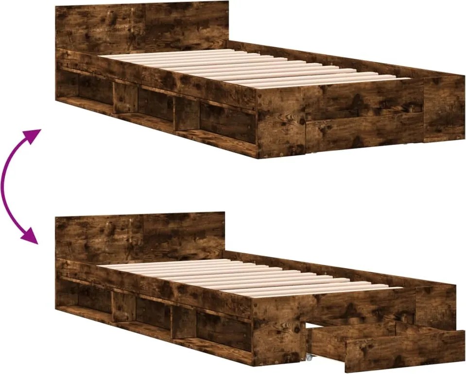 Rám postele se zásuvkou kouřový dub 75x190 cm kompozitní dřevo 3280808