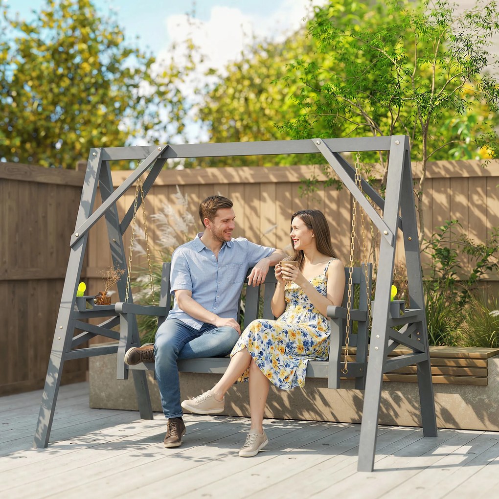 2místná zahradní houpačka, dřevěná houpací lavice s policemi, držákem na nápoje a kovovými řetězy, šedá barva