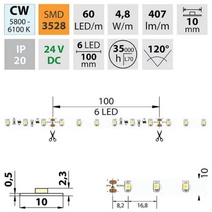 LED pásek McLED 24V studená bílá š=10mm IP20 4,8W/m 60LED/m SMD3528 ML-126.795.60.8