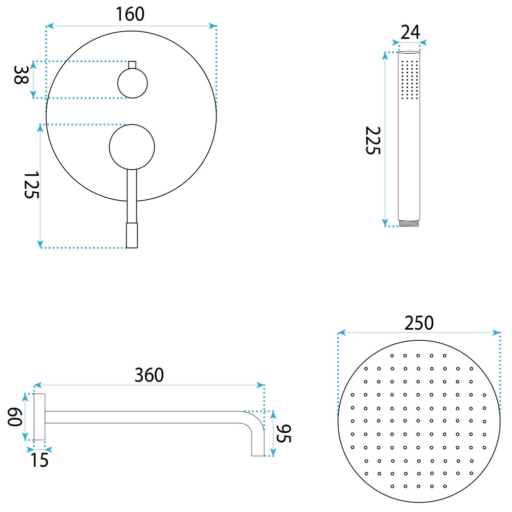Rea Lungo Diamond, podomítkový sprchový set s dešťovou hlavovou a ruční sprchou, chromová, REA-P6963