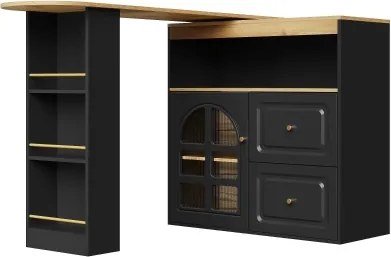 Aosom 360° otočný skříňový sideboard, se 2 zásuvkami, regálem na občerstvení, obloukovým sklem, 138-204 x 39 x 104 cm, černá
