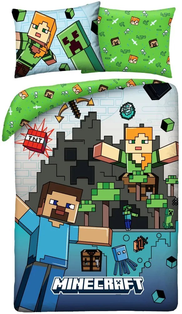 Oboustranné bavlněné ložní povlečení Minecraft - motiv Herní svět - 100% bavlna - 70 x 90 cm + 140 x 200 cm