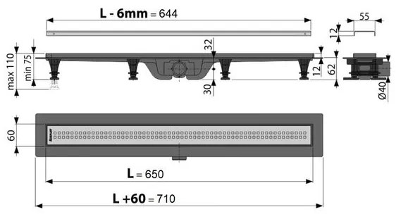 Alcadrain Simple Žlab odtokový 65 cm s okrajem pro perforovaný rošt APZ9-650M