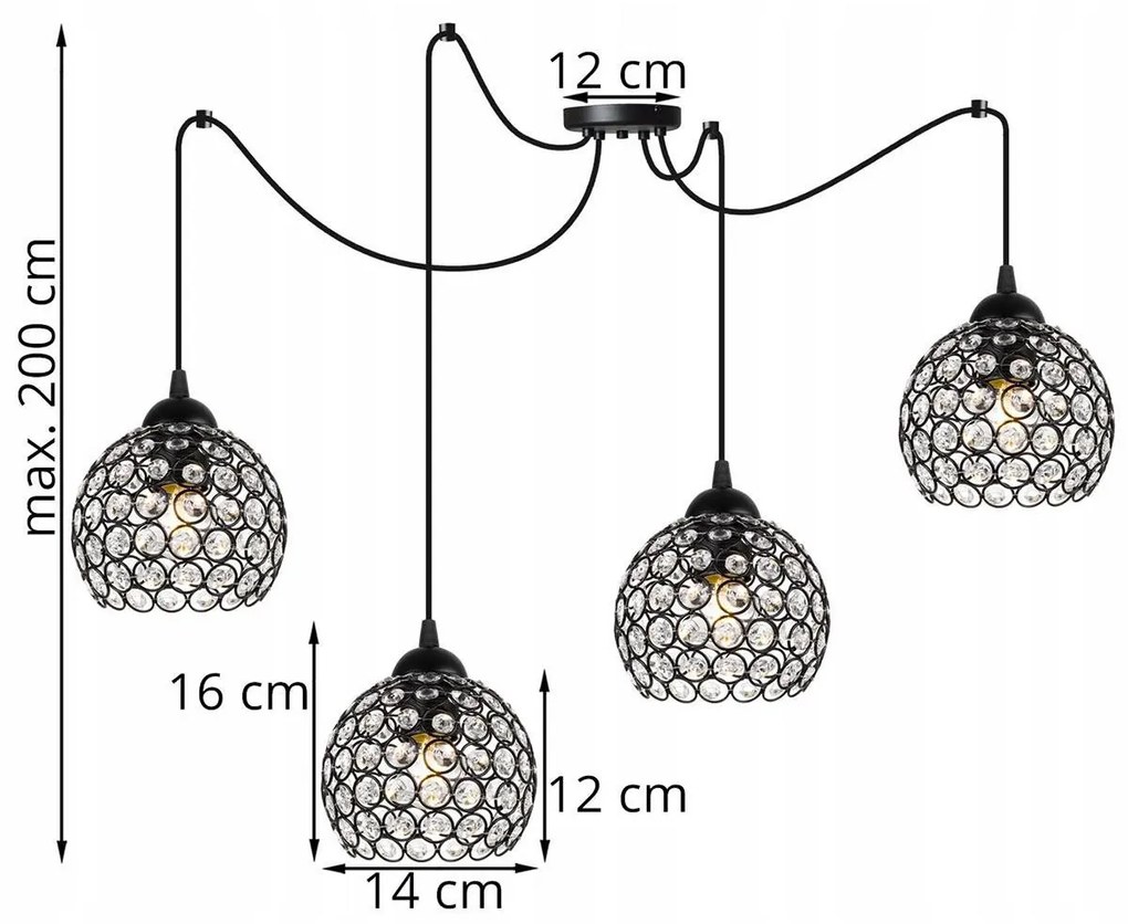 Závěsné svítidlo Crystal Spider, 4x černé křišťálové stínítko