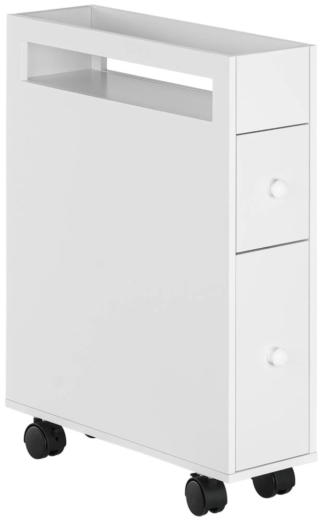 HOMCOM kleankin Koupelnová skříňka Skříňka do niky s kolečky, 2 zásuvky a otevřená přihrádka, koupelnový vozík, bílá, 16x49,5x66cm| Aosom