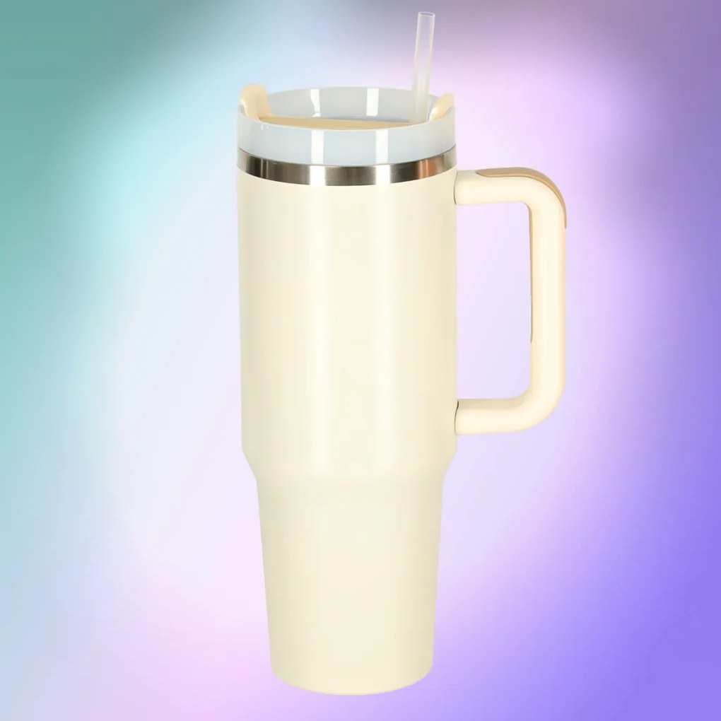 Creative Corner Termohrnek s brčkem a rukojetí termoska 1200ml krémová