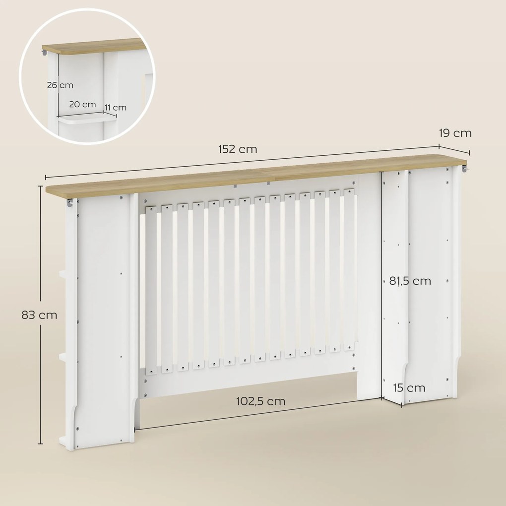 HOMCOM kryt radiátoru s policemi, kryt radiátoru z MDF, moderní lamelový design pro obývací pokoj a ložnici, 152 x 19 x 83 cm, bílá