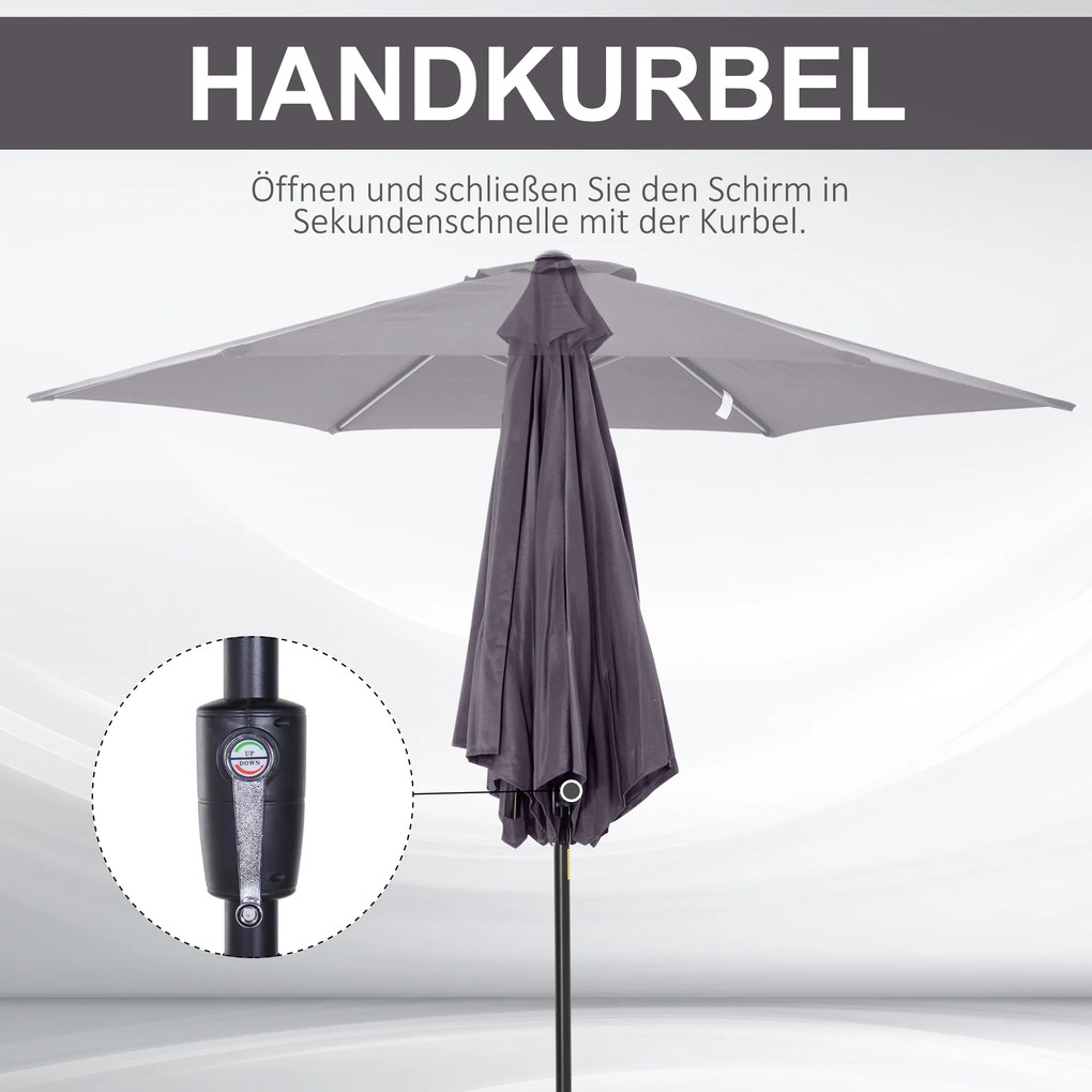 Zahradní slunečník Outsunny z hliníku Ø260x235 cm s naklápěcí konstrukcí, klikou a 6 kovovými tyčemi pro venkovní terasu a balkon - Šedý