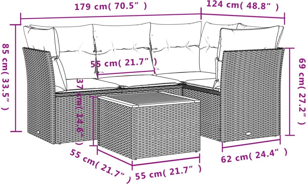 5dílná zahradní sedací souprava s poduškami černá polyratan 3223620