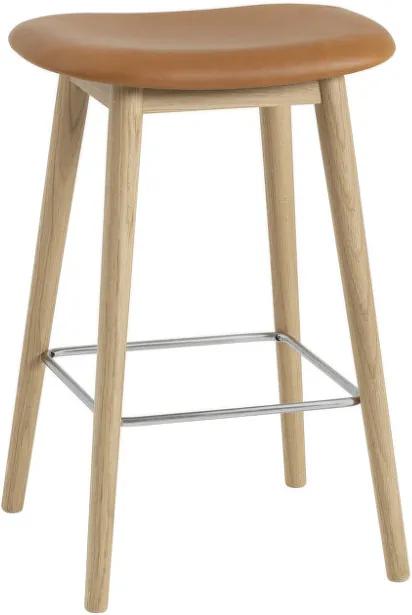 Muuto Barová stolička Fiber s dřevěnou podnoží, kůže/cognac