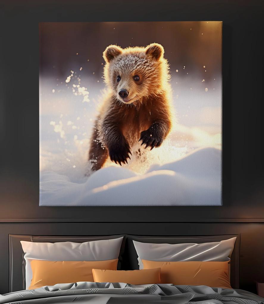 Obraz na plátně - Medvídě skotačí v zimní krajině FeelHappy.cz Velikost obrazu: 100 x 100 cm