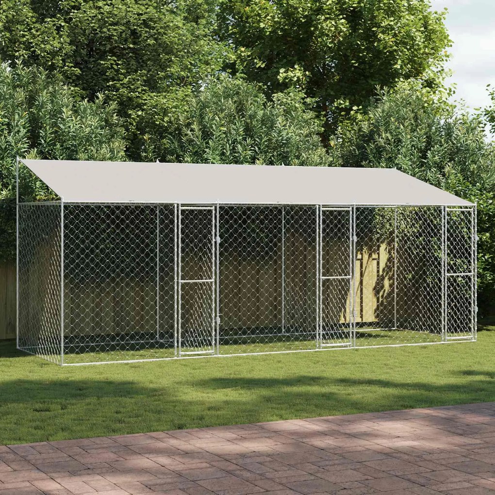 Psí klec s střechou Stříbrná 600 x 200 x 256 cm Ocel a PE 3368299