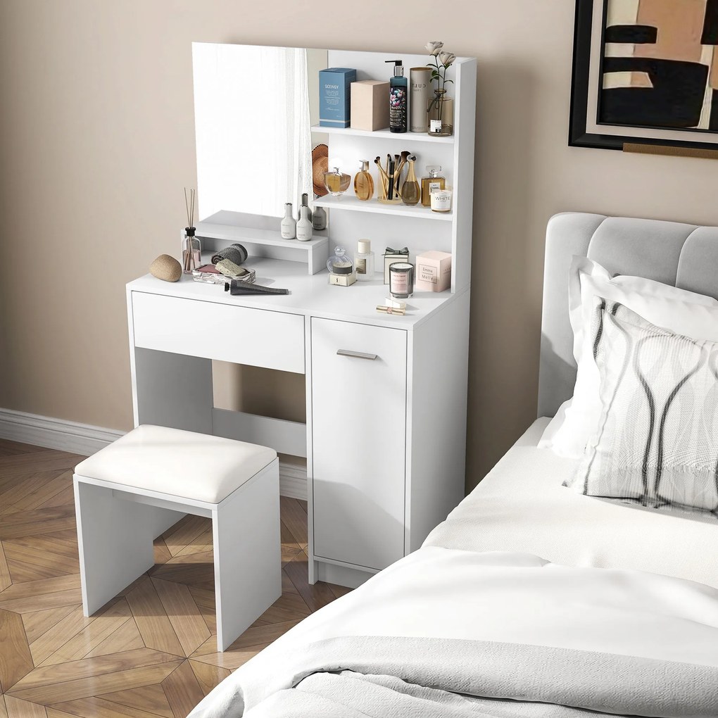 HOMCOM Toaletní Stolek Set - Toaletní Stolek s Zrcadlem a Stoličkou, Zásuvkou, Úložným Skříňkou a Nastavitelnou Policí pro Ložnici, 80L x 40W x 132H c