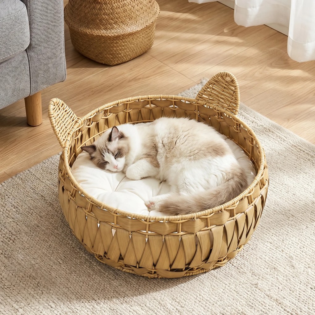 PawHut Kočičí pelíšek Ratanová kočičí jeskyně s odnímatelným polštářem, košík pro kočky do 10 kg, 50 x 25 cm, světle hnědá