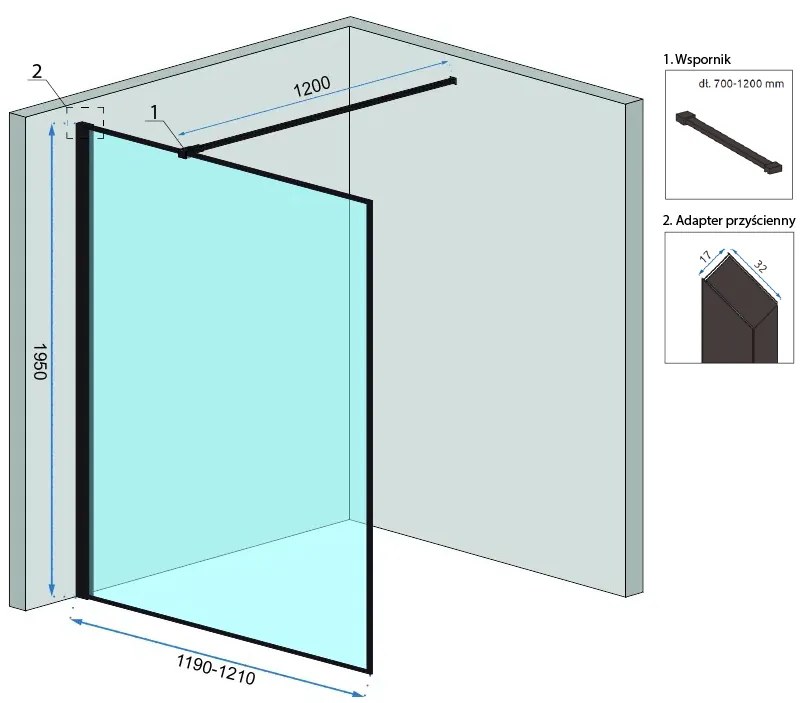 Bezrámová sprchová zástěna REA BLER 120 cm, černá/transparent - bez vaničky