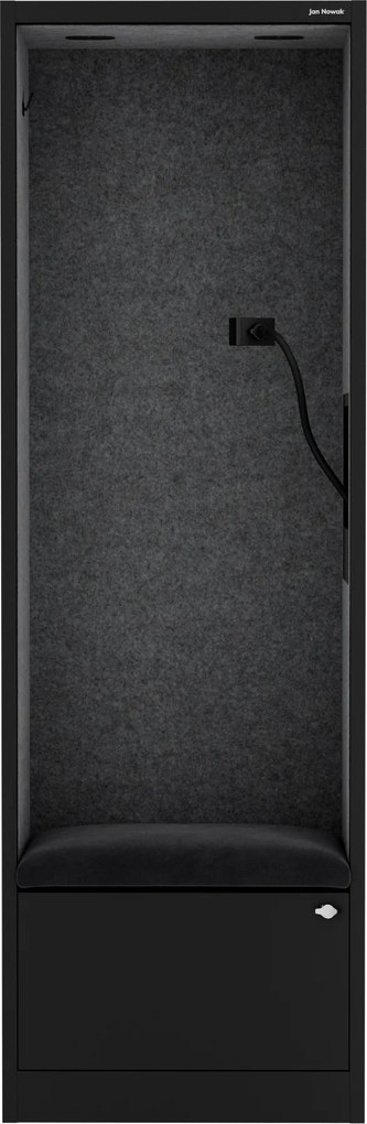 Kancelářská akustická kabina se sedátkem a USB-C portem, korpus černý / sedák tmavě šedá, 600 mm: SALLY MentalBox