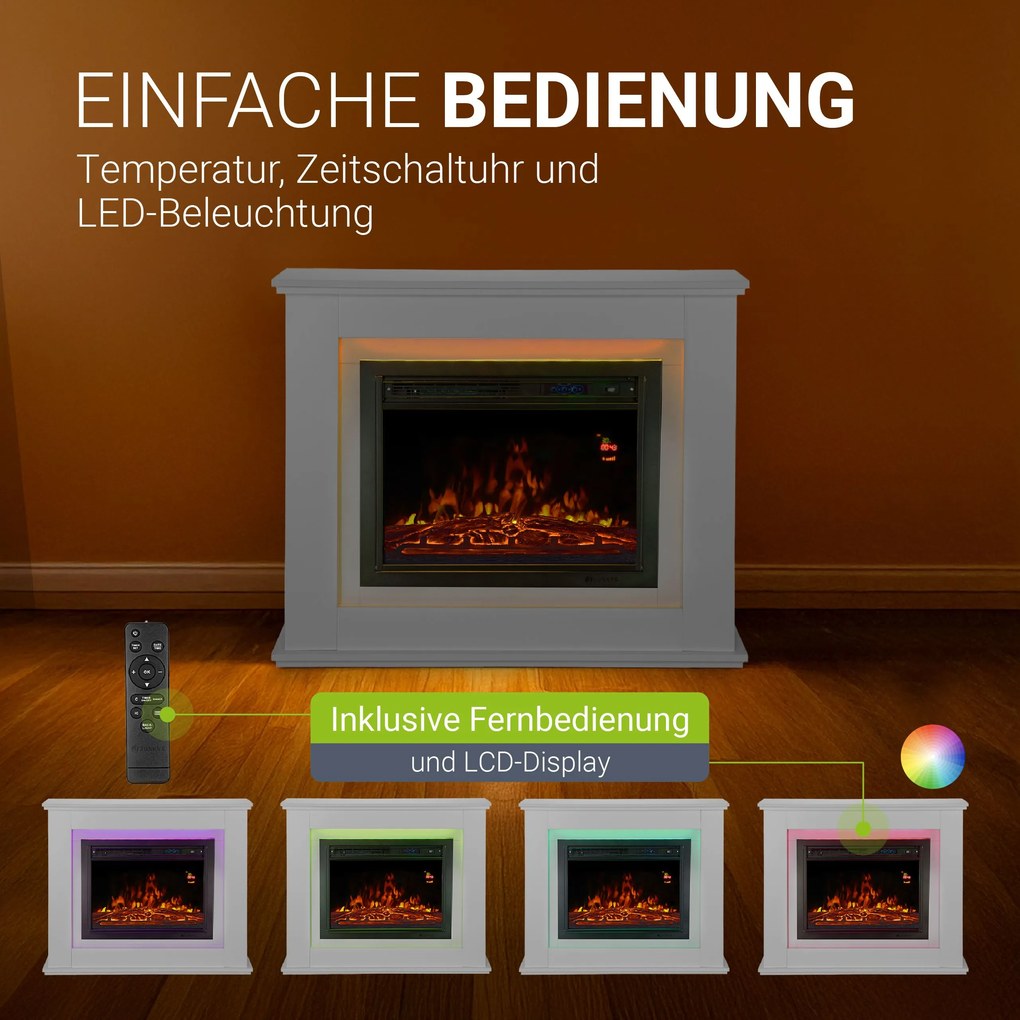 Juskys Elektrický krb s topením a LED efektem plamene Barva: Bílá, Velikost: obdélníková