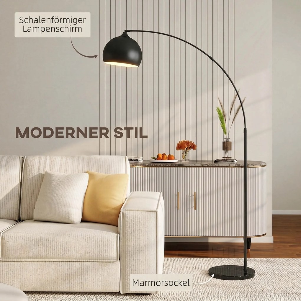 HOMCOM Oblouková lampa, stojací lampa, výškově nastavitelná, nožní vypínač, podstavec s efektem mramoru, 170-180cm, černá