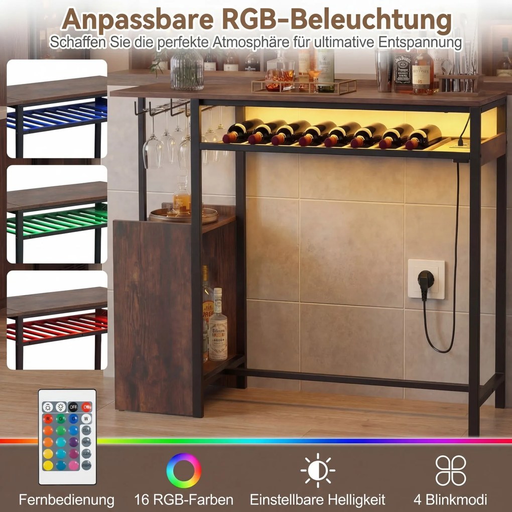Costway Barový stůl s RGB osvětlením stojan na láhve držák na sklenice zásuvky