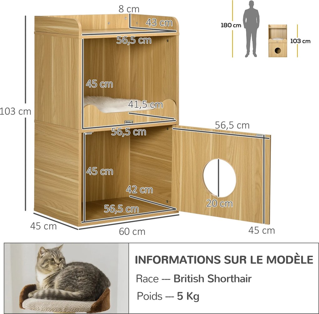 PawHut Kočičí záchodová skříňka, kabinet na kočičí záchod, 3 úrovně, oddělení uzavřené dveřmi, 1 polštář, 60 x 45 x 103 cm
