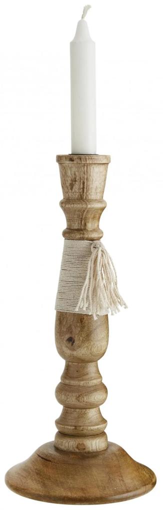 MADAM STOLTZ Dřevěný svícen White Tassel 30 cm, bílá barva, hnědá barva, dřevo, textil