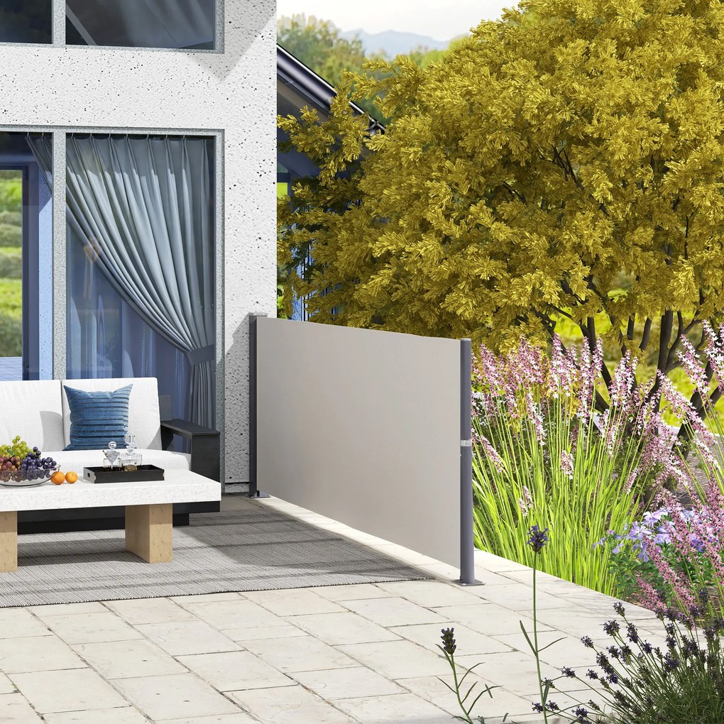 Boční markýza Outsunny výsuvná 300x100cm zahradní markýza s ochranou proti UV záření a větrnou clonou z polyesteru ve světle šedé barvě |