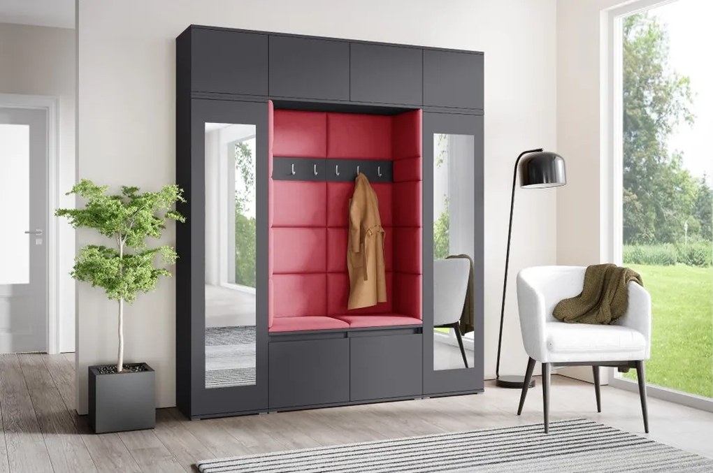 Eka Předsíňová stěna s čalouněnými panely Trinity 32 - Grafit / Červená 2309