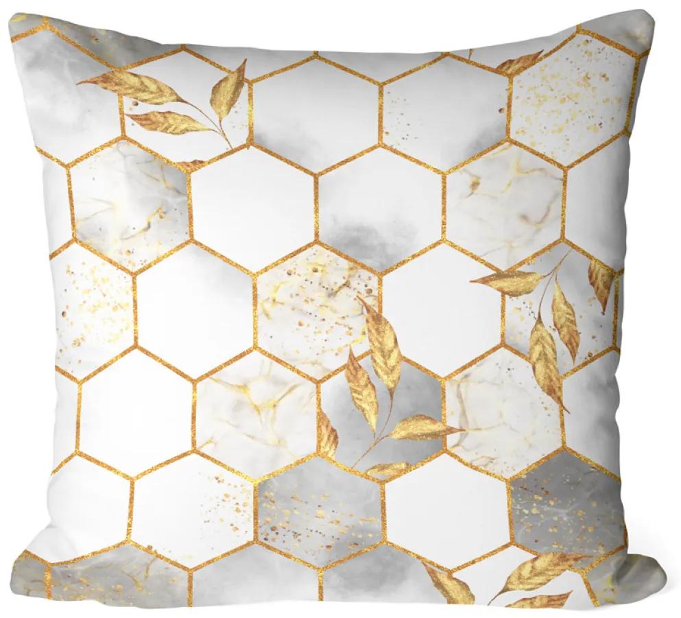 Polštář z mikrovlákna Šestiúhelníky a listy - elegantní kompozice s geometrickými obrazci