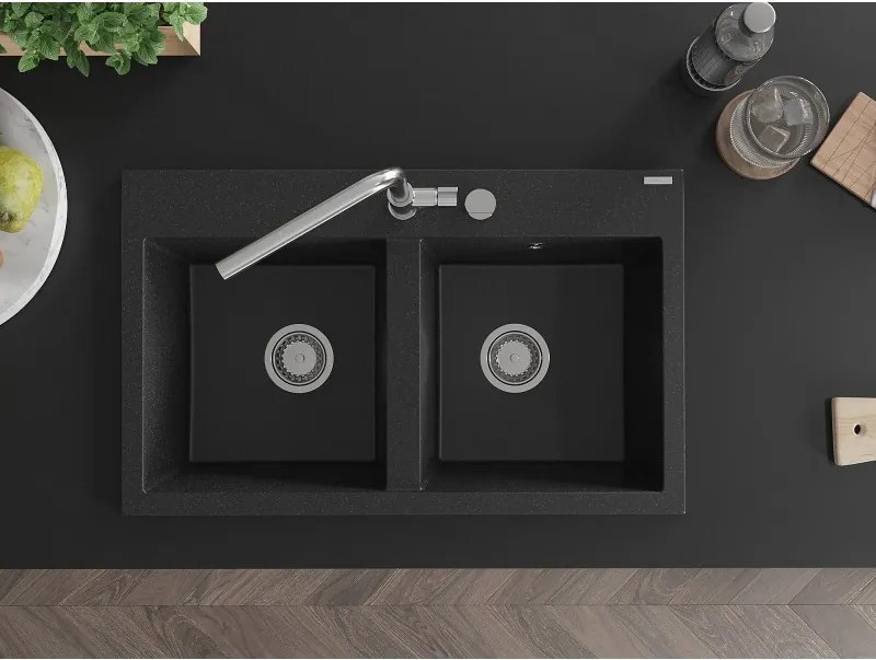 Mexen Hektor, 2-komorový granitový dřez 800x480x205 mm, černá-stříbrná metalíza, chromový sifon, 6521802000-73