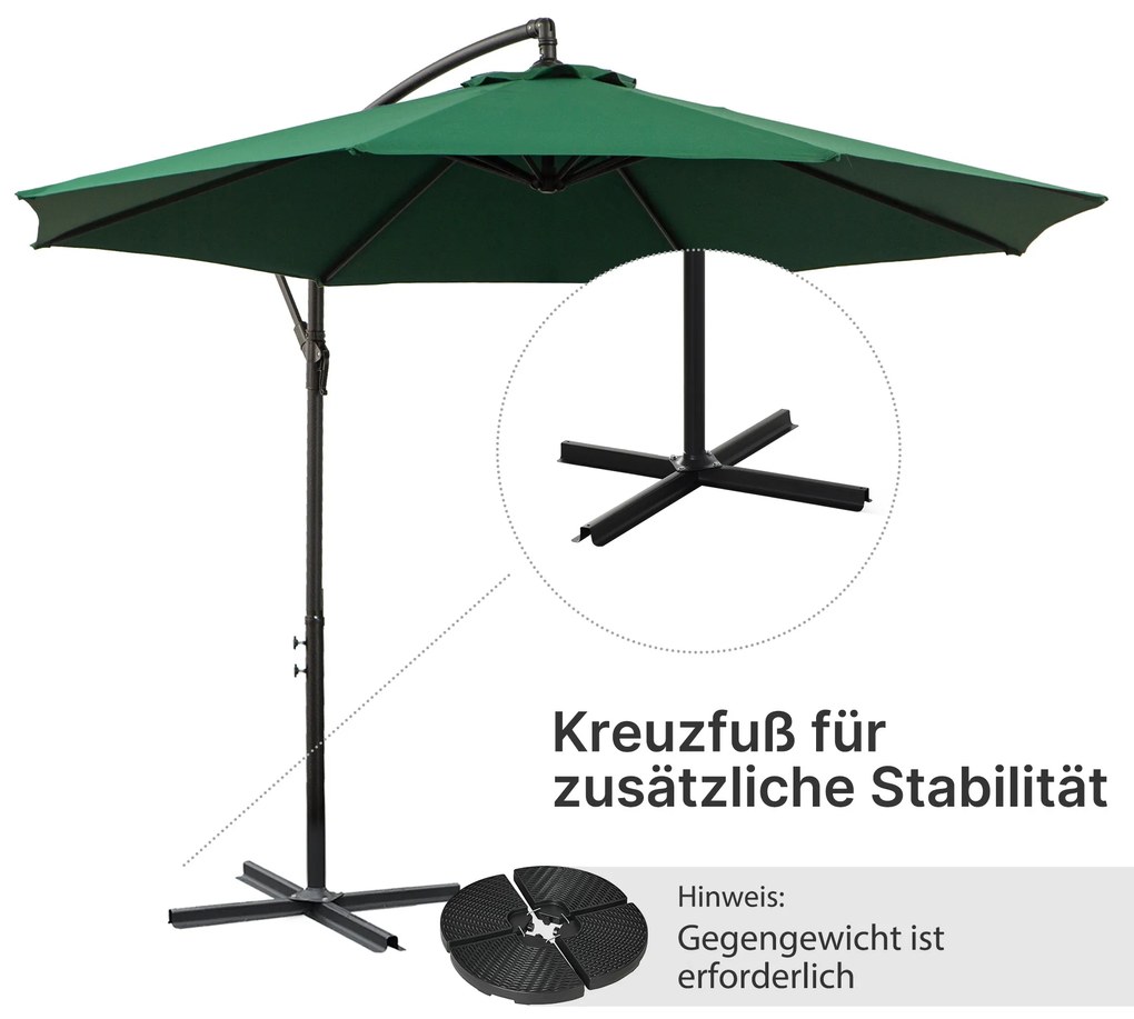 Konzolový slunečník Outsunny s kličkou, slunečník z ocelového rámu a polyesterové tkaniny, zelený, Ø2,95x2,45 m, ideální na zahradu a terasu | Aosom.…