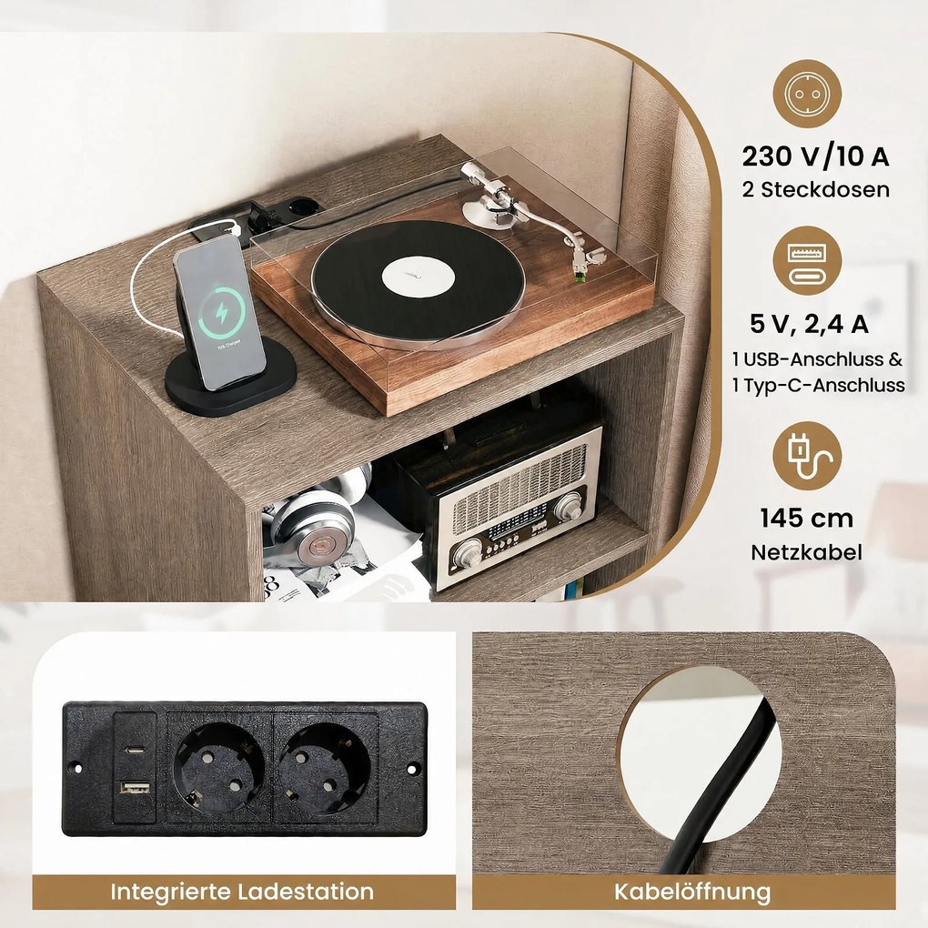 Costway Stojan na gramofon s nabíjecí stanicí Vinylová – šedá