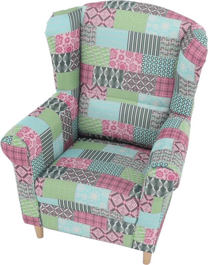 relaxační křeslo, ušák, dřevo/látka, nohy světlé/potah patchwork M1, Tempo Kondela CHARLOT