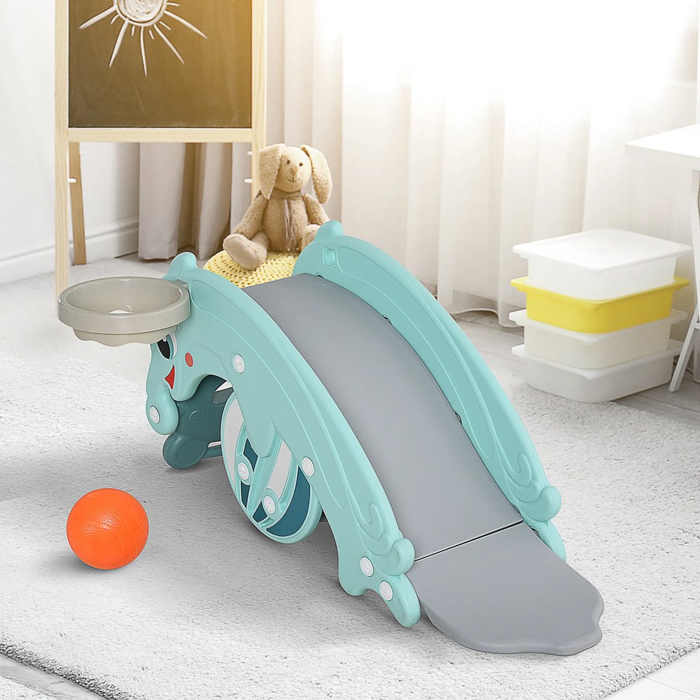 HOMCOM 3 v 1 Dětský houpací kůň se skluzavkou a basketbalovým košem Multifunkční hrací set s měkkými povrchy 18-36 měsíců Tvar žabky a delfína 72x34x…