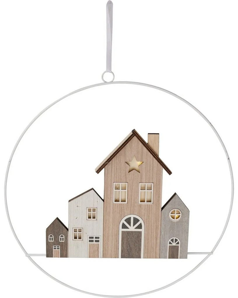 Závěsná vánoční dekorace Winter Houses, 30 cm, svítící, na baterie