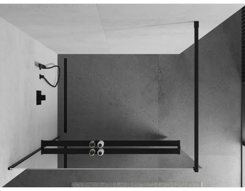 Mexen Kioto+, sprchová zástěna s poličkou a držákem na ručníky 110 x 200 cm, 8mm sklo vzor zrcadlo, černý profil, 800-110-121-70-50