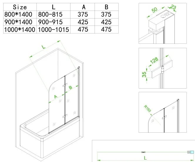 BPS-koupelny Dvoudílná vanová zástěna HYD-PR04 90x140 chrom/transparent