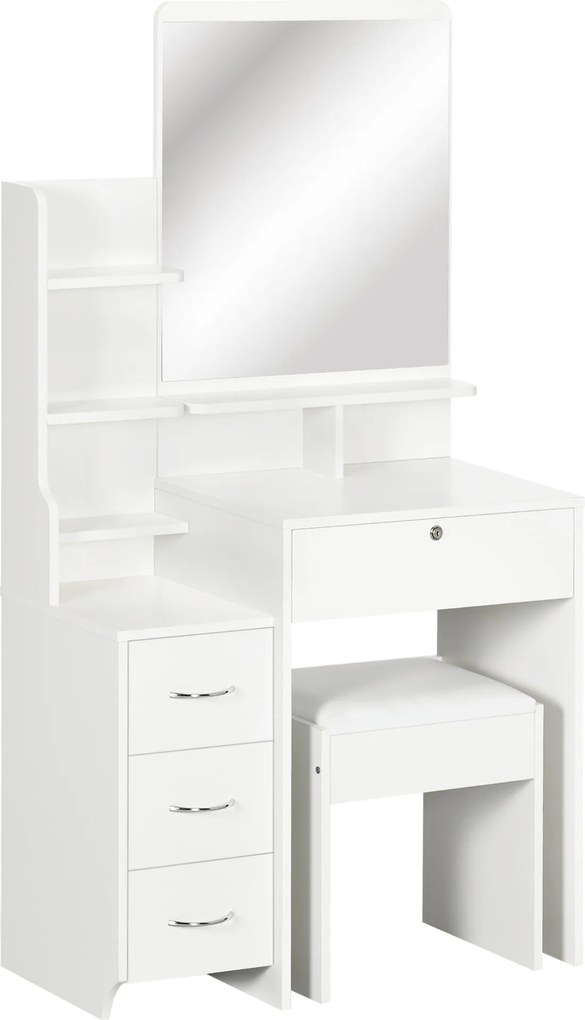 HOMCOM Toaletní stolek s taburetem a zrcadlem, toaletní stůl se 4 zásuvkami, 4 úložnými prostory, moderní styl, 80x38x143 cm Bílá | Aosom