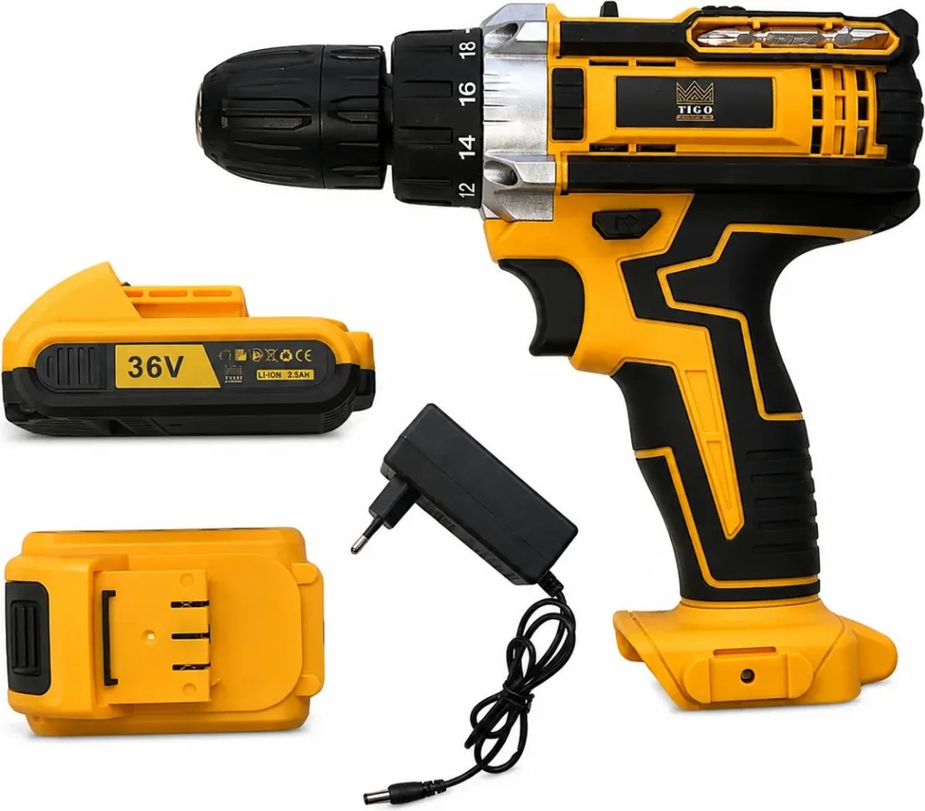 Aku vrtačka TIGO MD-04 v kufříku + 2x baterie + příslušenství + kufřík